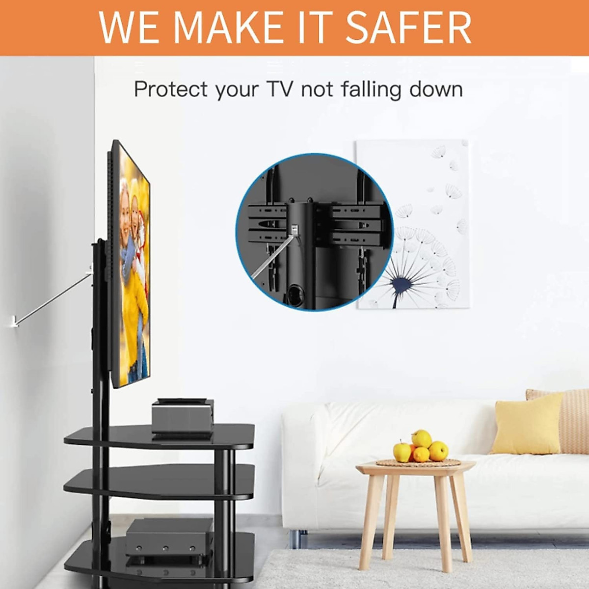 Swivel Corner Floor TV Stand with Mount for 32 37 43 47 50 55 60 65 inch Flat Curved Screen TVs, Adjustable 3-Tier Tempered Glass Storage Television Stand with Cable Management, Max VESA 600X400mm