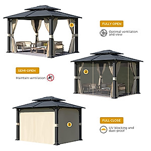 YOLENY 10'x12' Gazebo with Galvanized Steel Roof, Hardtop Double Roof with Anti-Rust Coating, Outdoor Gazebos with Curtains and Netting, Sunshade for Gardens, Lawns, Deck