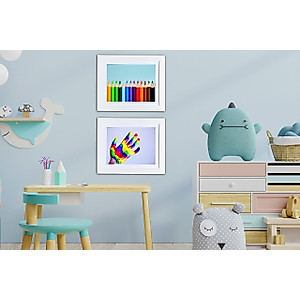 FrameWorks 10” x 12.5” White Wooden Kid Art Frame with Gallery Style Edges, Tempered Glass, and Elastic Straps