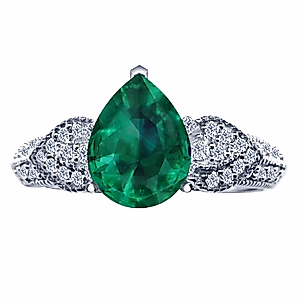 0.75 Carat Vintage Leaf Pear Cut Emerald 14K White Gold Diamond Engagement Ring (0.5 Ct Center Heirloom Quality AAA+)