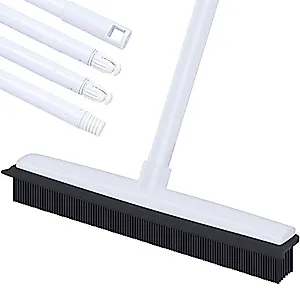 Push Broom, Soft Bristle Rubber Sweeper Squeegee Edge with 60 inches Adjustable Long Handle, Non Scratch Bristle Broom for Pet Dog Hair Carpet Hardwood Floor Tile Windows Cleaning (White)