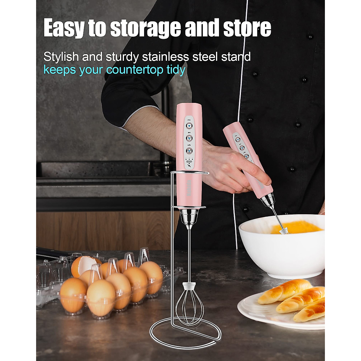 Nahida Pink Milk Frother Wand for Coffee, Frother Handheld with Stand Rechargeable Electric Whisk with 3 Heads 3 Speeds Drink Mixer Coffee Frother Foam Maker For Latte, Cappuccino, Hot Chocolate, Egg