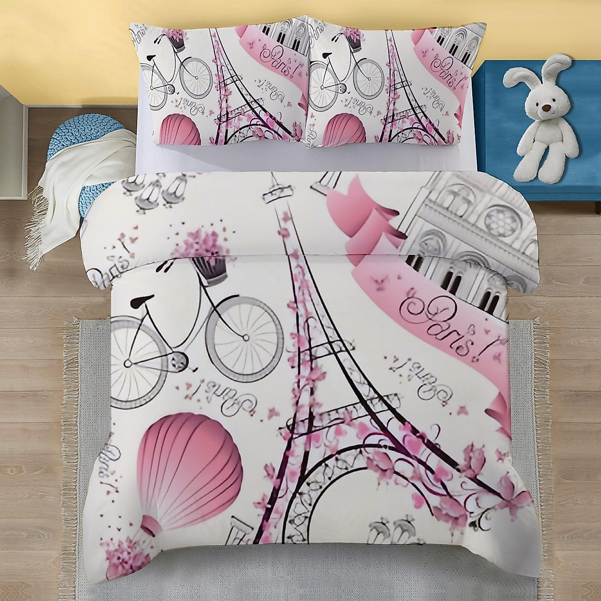 YULEEE Eiffel Tower Duvet Cover Queen Size - Pink Bedding Set, Bedroom Decor, Hot Air Balloon Quilt Cover with Zipper Closure, 3 Pcs Reversible Soft Comforter Cover Set