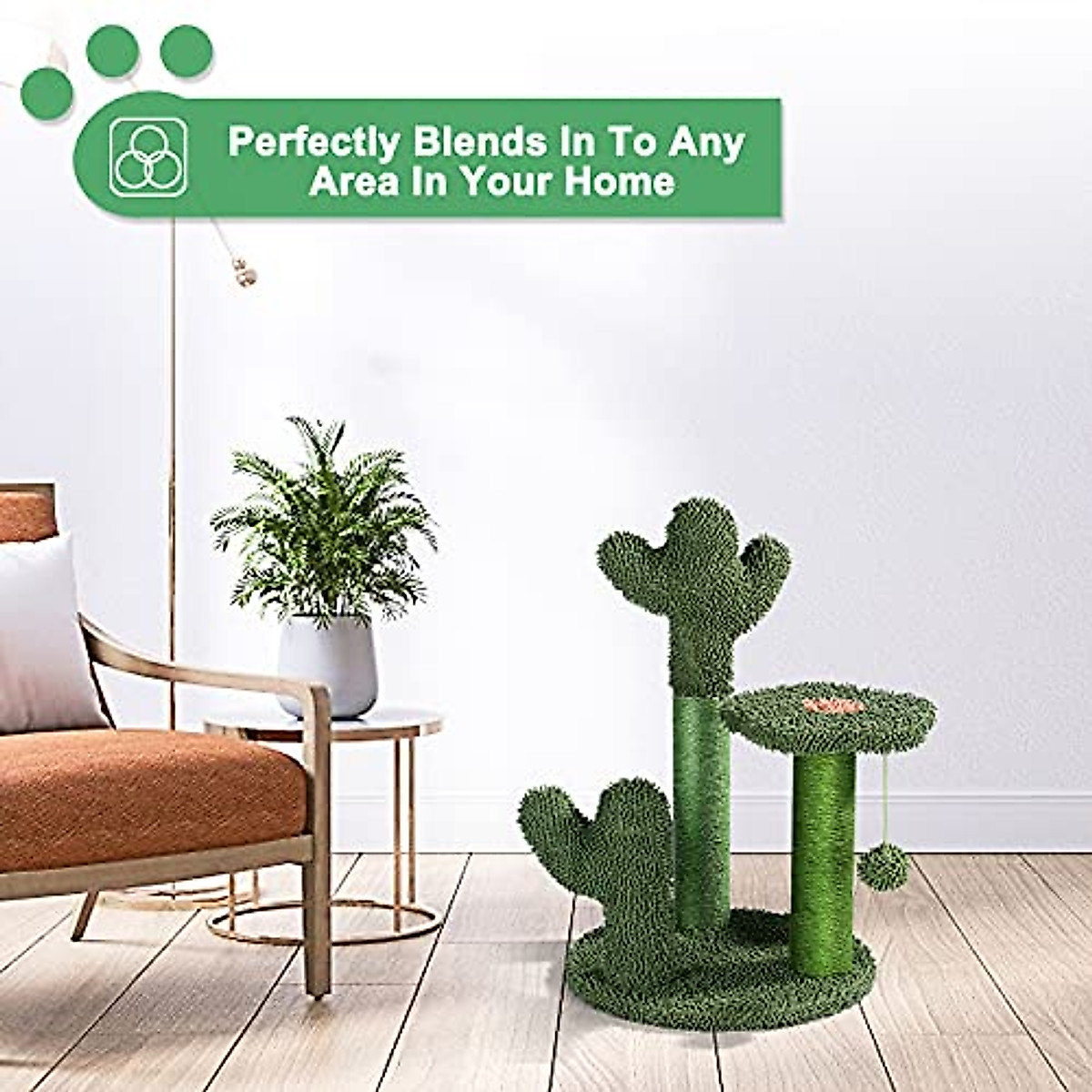 T2Y Cat Scratching Post - Cactus Cat Scratcher Tower with 3 Scratch Post and Dangling Bell Ball, Full Wrapped Premium Natural Sisal Scratching Post for Indoor Cats - Medium