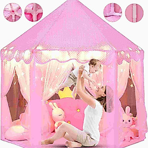Princess Tent, Play Tent with LED Star Lights, Girls Castle Play Tent, Hexagon Playhouse with Star Lights, Portable Pink Castle for Home, Backyard, Park, Party, Indoor or Outdoor Games (Pink)