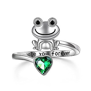 POPLYKE Frog Rings for Women Sterling Silver Frog Hold Green Heart CZ Rings Frog Jewelry (green)