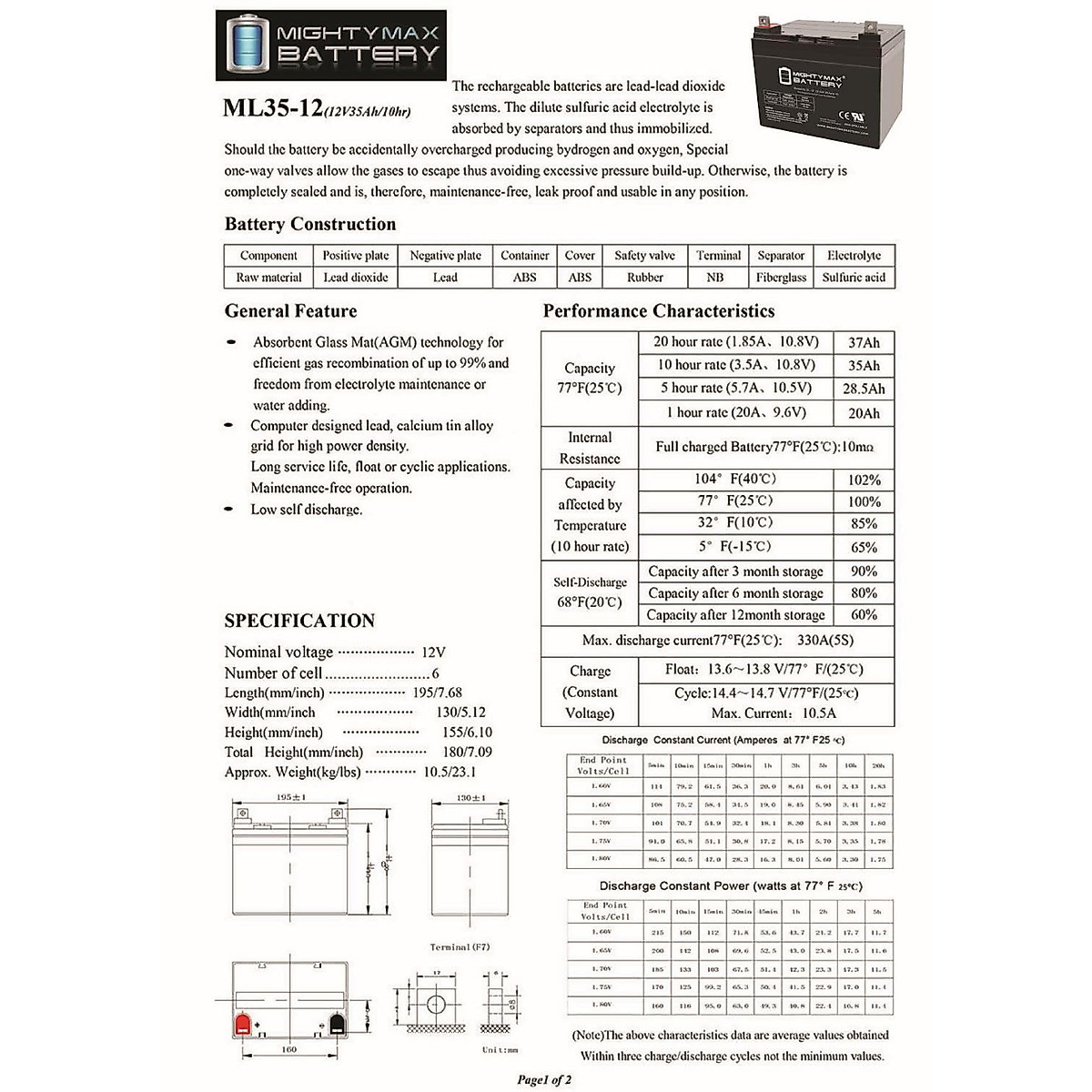 Mighty Max Battery ML35-12 - 12V 35AH U1 Deep Cycle AGM Solar Battery Replaces 33Ah, 34Ah, 36Ah