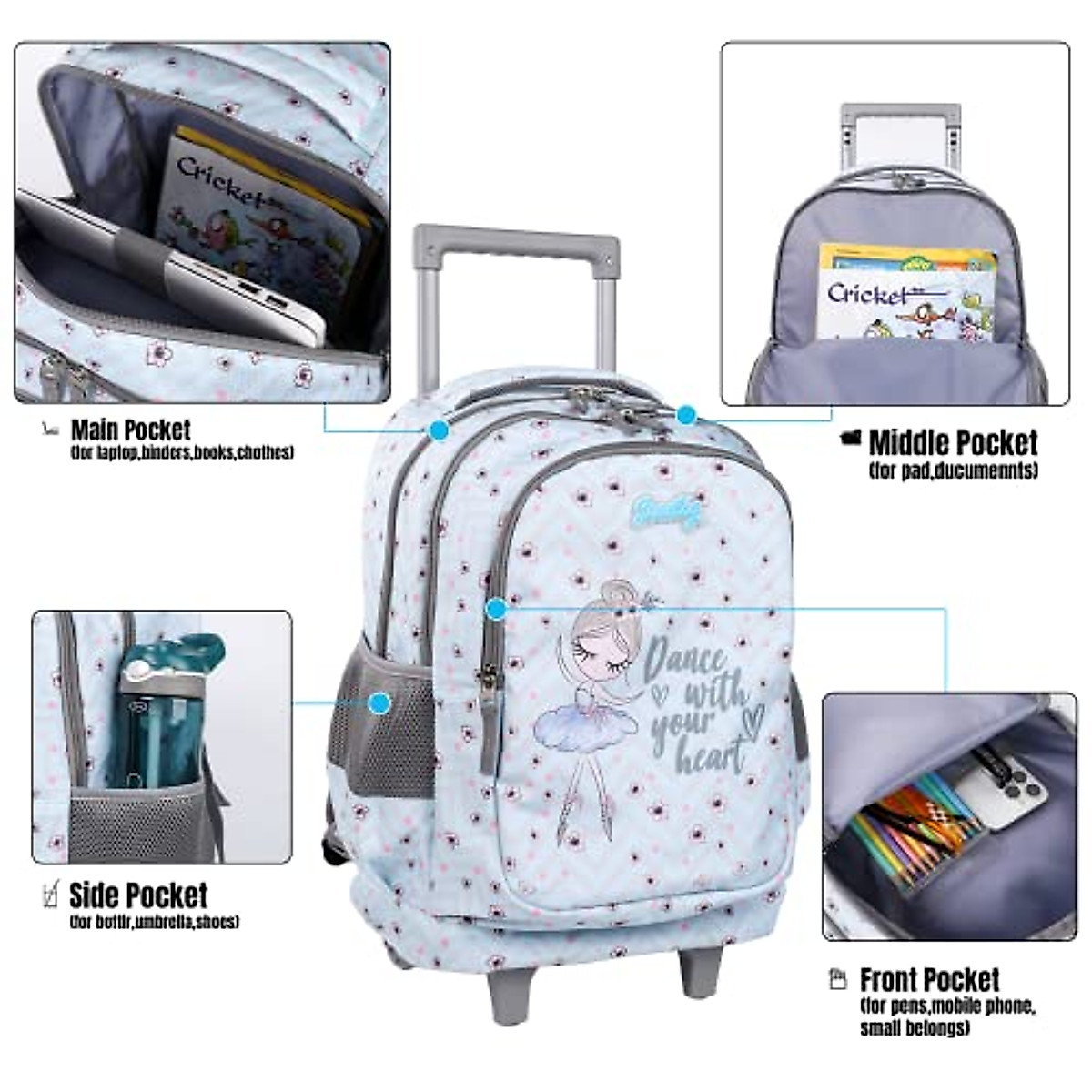 seastig Rolling Backpack for Kids Wheeled Backpack Double Handle Wheeled Backpack with Lunch Bag and Pencil Case Set