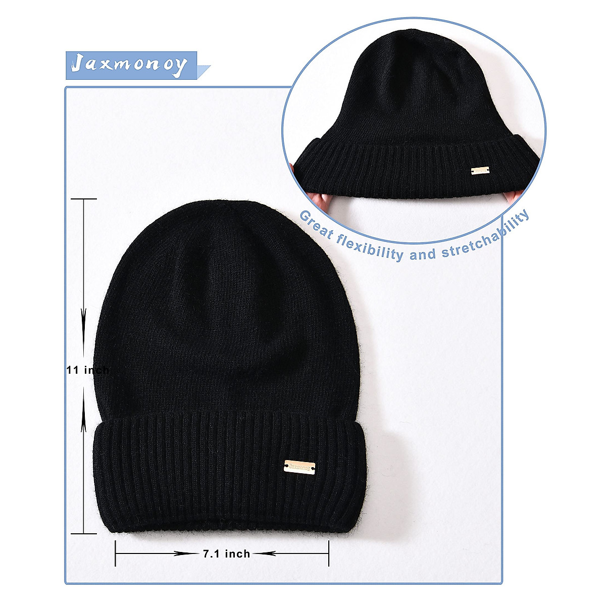 jaxmonoy Cashmere Slouchy Beanies for Women Winter Lightweight Girls Wool Knit Hat Cuffed Soft Warm Slouch Beanie Cap - New Black