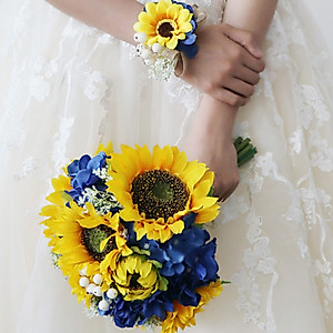 SMLJFO 2Pcs Artificial Flower Wrist Corsage Groom Boutonniere Sunflower Bride & Bridesmaid Corsage Wristlet Wedding Hand Flower Decor for Prom Suit Party Homecoming Graduation