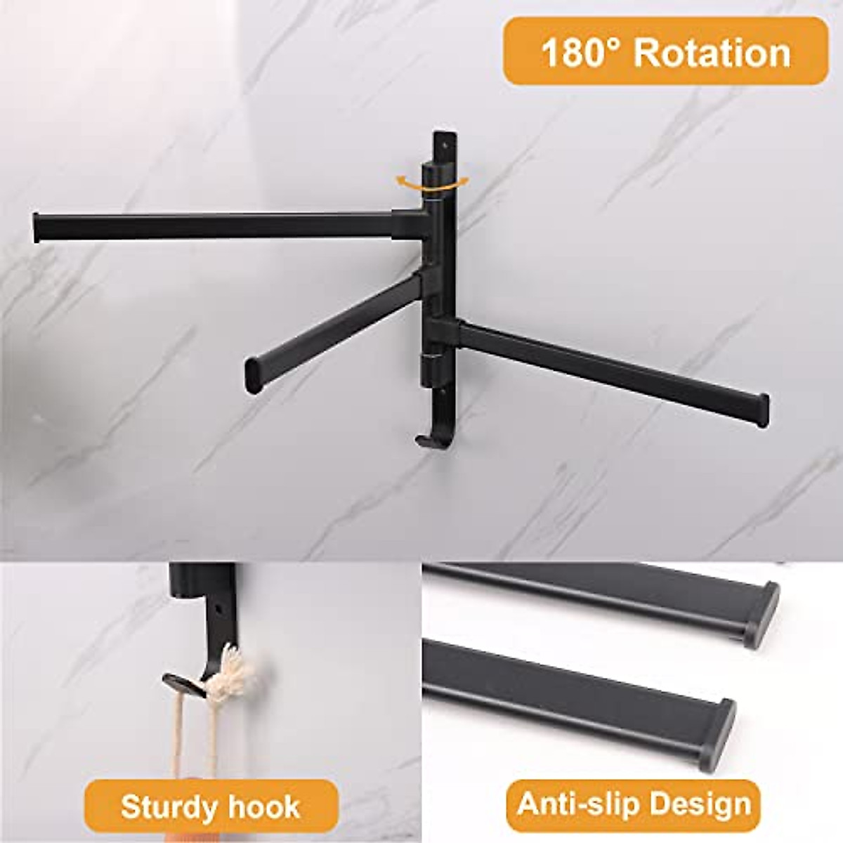 TocTen Swivel Towel Rack, Rustproof and Durable Space Saving Towel Hanger, Towel Bar Swing Out 180° Rotation, Wall Mounted/Glue Mounted Towel Rod with Hook for Bathroom, Kitchen (3-Arm, Black)