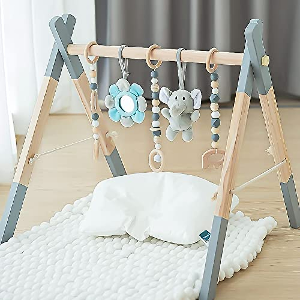 Wooden Baby Play Gym Foldable Frame Activity Gym Hanging Bar with 5 Gym Baby Toys Natural Gift for Newborn Baby (Foldable Grey)