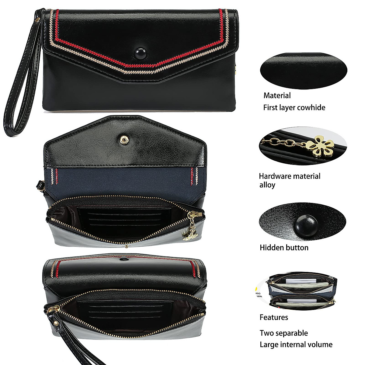 ENYISDAN Detachable Wristlet Wallets for Women 2-in-1 Long Purse Clutch Embroidery Leather Zip Black