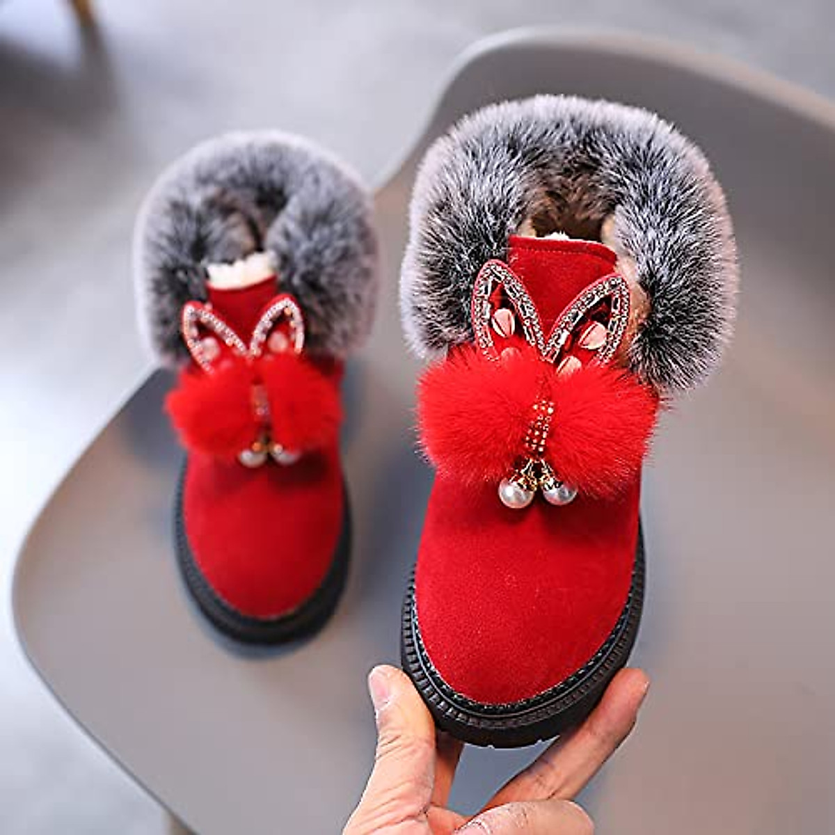 Lykmera Kids Baby Girls Warm Shoes Princess Boots Shoes Fashion Hairball Cotton Boots Snow Boots Toddler School Boots Shoes (Red, 3.5-4 Years Toddler)