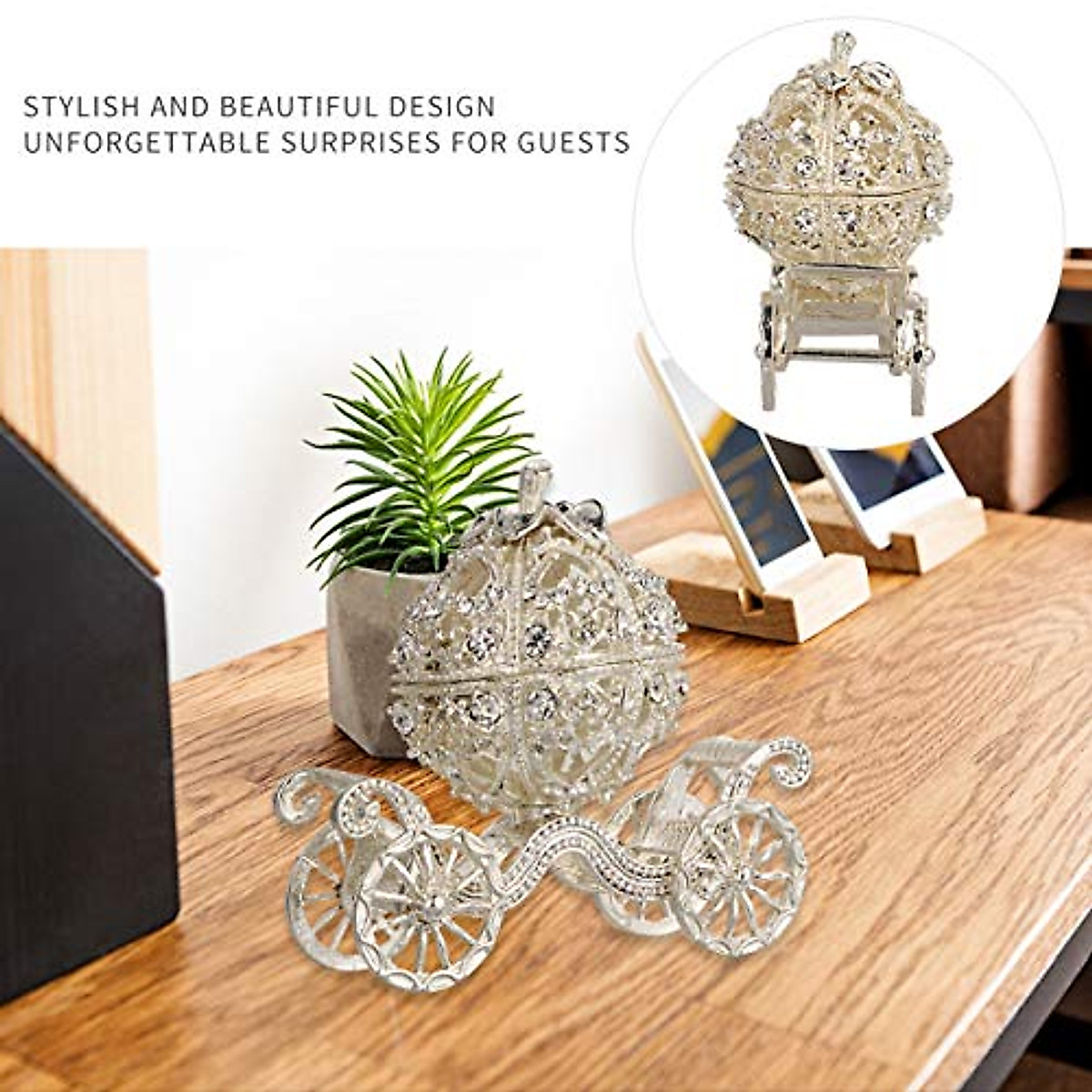 Kisangel Silver Rhinestone Princess Crystal Pumpkin Carriage Trinket Jewelry Box Collectible Figurine Decorative Jewelry Ring Display Holder Table Sculpture