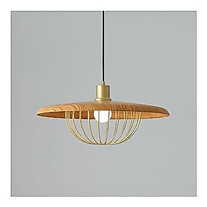 Modern Gold Metal Cage Pendant Light Fixture with Wood Grain Shade, Indoor Decor Ceiling Hanging Lamp for Bedroom Dinning Table Living Room Kitchen Island Chandelier Lámpara Colgante (Color : Origina