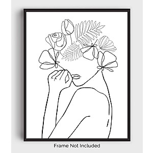 Woman with Flowers on Head Line Art - 11x14 UNFRAMED Abstract Minimalist Decor Wall Print in Black on White.
