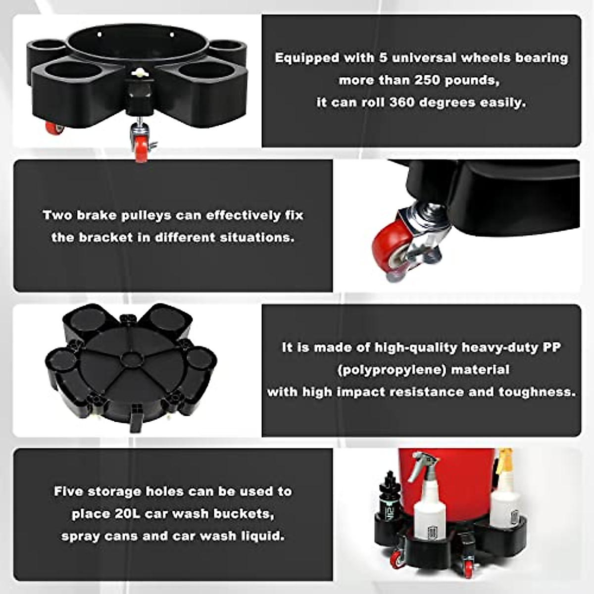 CNQLIS 5 Gallon Bucket Dolly with 5 Smooth-Rolling Swivel Casters,Two of Them Have Locking Brakes for Car Washing Detailing Smoother Maneuvering,Bearing 250lb, Black