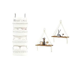 Dahey Over The Door Organizer with 4 Pockets and Macrame Hanging Shelf for Nursery Bedroom Bathroom Living Room Dorm Room