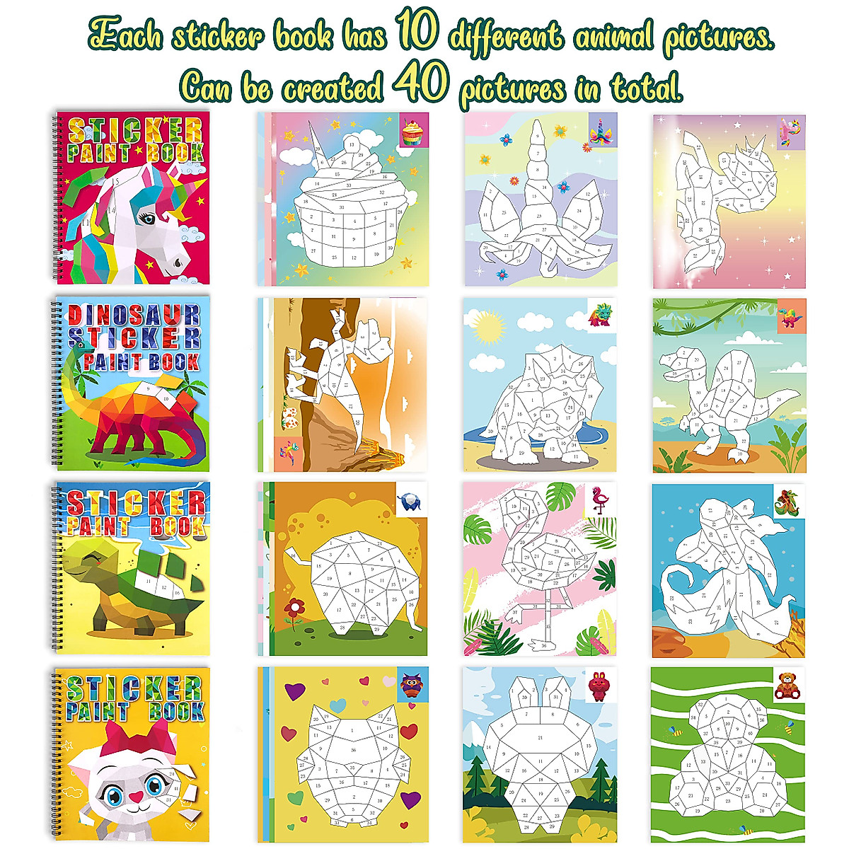 4PCS Crafts for Kids Ages 4-8 Sticker Books - Includes Dinosaur Llama Turtle and More Animal Designs Gift Party Create 40 Pictures