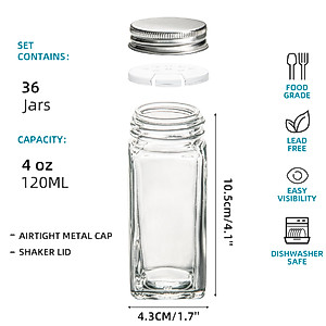 UMEIED 36pcs Glass Spice Jars with 216pcs Spice Labels, 4Oz Empty Square Glass Jars Glass Spice Containers with Shaker Lids & Metal Caps, Square Seasoning Jars Bottles for Spice Rack, Cabinet, Drawer