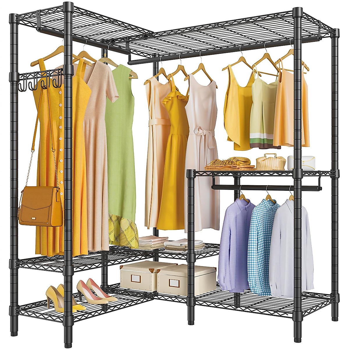 VIPEK L3 Clothing Rack, L Shaped Heavy Duty Garment Rack for Hanging Clothes, Corner Clothes Rack, Freestanding Closet System with Adjustable Shelves & Hang Rods & Side Hooks, Max Load 950lbs, Black