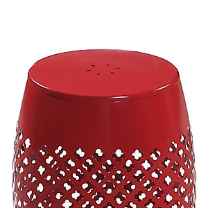 AC Pacific Outdoor Indoor Lace Cut Side Table, Powder-Coated Iron Pedestal Stand, Drum Shaped Accent Furniture for Patio, Living Room or Bedroom, Red