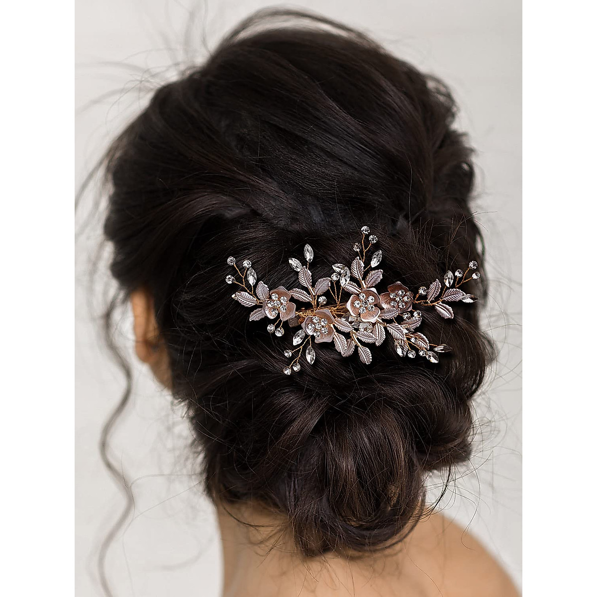SWEETV Light Rose Gold Wedding Clip Rhinestone Bridal Comb Barrette - Handmade Flower Clip Head Pieces for Women