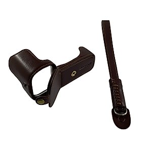 MINICO Bottom Opening Version Protective Genuine Real Leather Half Camera Case Bag Cover with Tripod Design for Olympus Pen-F Camera with Genuine Real Leather Hand Strap Dark Brown