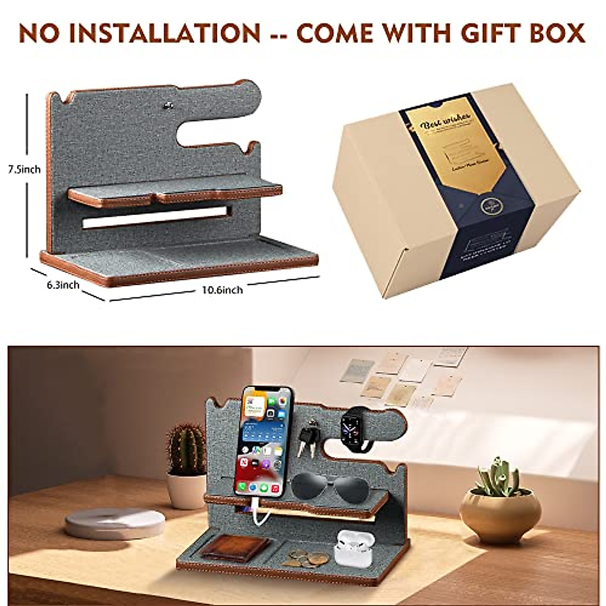 Gifts for Men,Leather Phone Stand Docking Station,Birthday Gifts for Him Dad Boyfriend Husband Guys,Watch Holder Desk Nightstand Organizer for Valentines Father's Day Anniversary Graduation from Wife