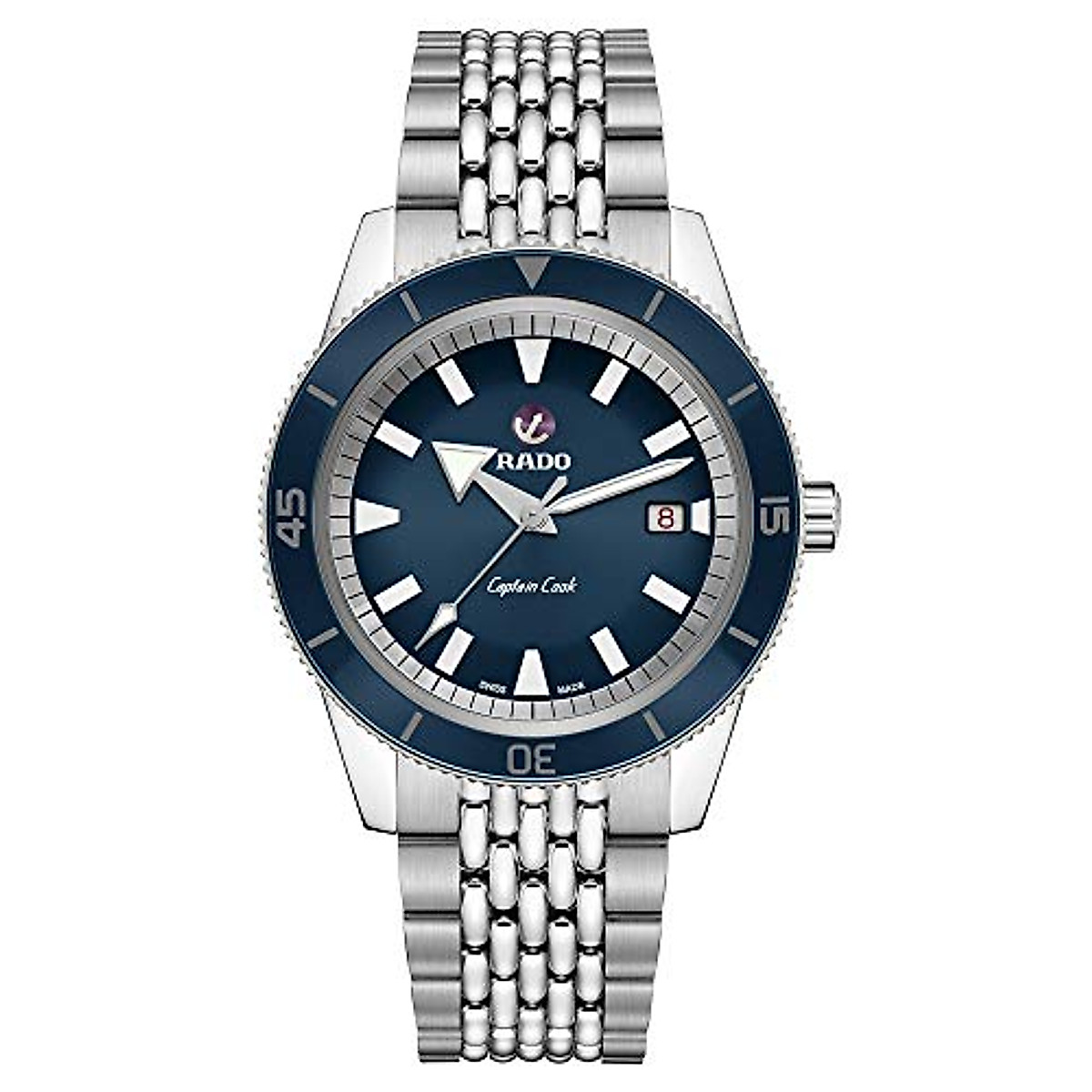Rado Men's Captain Cook 42 mm Automatic Diving Watch with Stainless Steel Strap, Silver-Tone, 20 (Model: R32505203), Blue