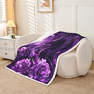 Erosebridal Western Dragon Throw Blanket Queen 90"X90" Purple Rose Flower Fleece Blanket Gothic Galaxy Dragon Sherpa Blanket for Kids Boys Teen Men,Magical Animal Fuzzy Blanket