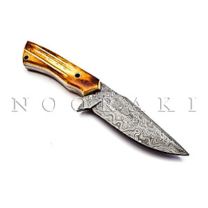 HK-326 Custom Handmade Damascus Steel Knife - Full Tang Fire Camel bone Handle, with Leather Sheath, Ideal Knife for Camping or everyday use