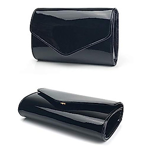 HOXIS Glossy Envelope Evening Clutch Faux Patent Leather Women Chain Shoulder Bag Solid Color Purse (Black)