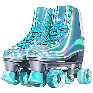 JajaHoho Roller Skates for Women, Holographic High Top Faux Leather Rollerskates, Shiny Double-Row Four Wheels Quad Skates for Girls Age 8-50 Indoor Outdoor (Mint Green, Size 9)
