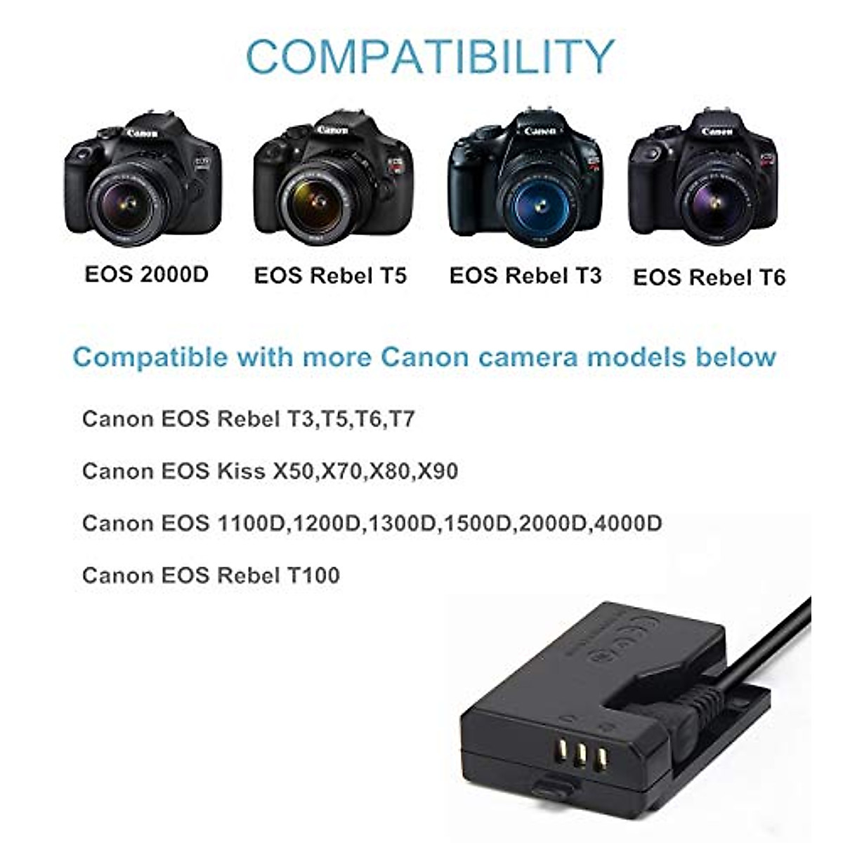 Kimaru ACK-E10 DR-E10 DC Coupler LP-E10 Dummy Battery AC Power Adapter Kit for Canon EOS Rebel T3 T5 T6 T7 1100D 1200D 1300D 1500D 2000D,Kiss X50 X70 X80 X90 Cameras.