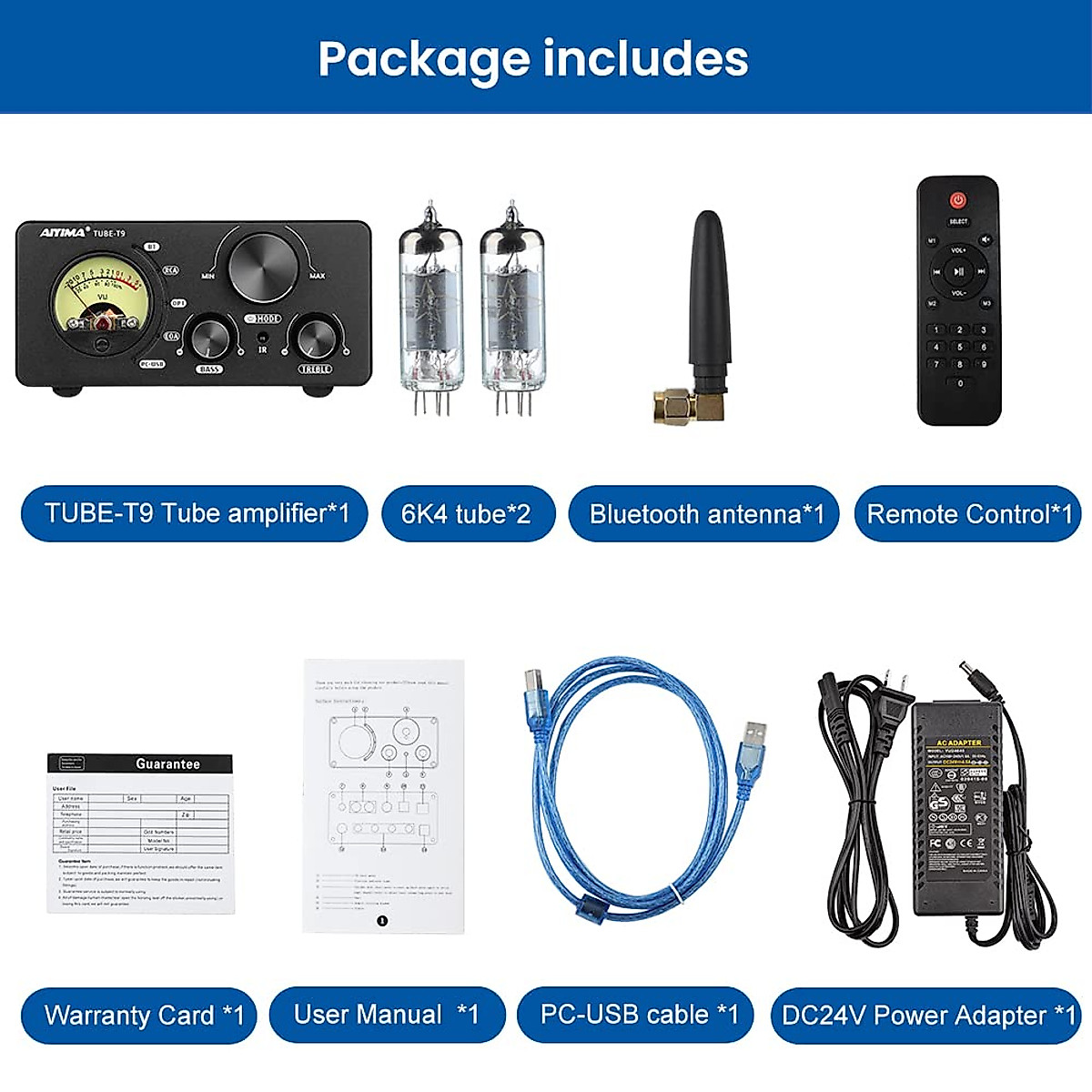 AIYIMA T9 100W*2 Bluetooth Stereo Amplifier Class D Amp 2.0/2.1 Channel Tube Power Amp with PC-USB DAC Coaxial Optical inputs &VU Meter & Bass Treble Tone Control for Home Stereo Speakers