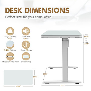 ERGOMORE Glass Standing Desk with Drawer - 45 x 23 Inches Adjustable Height Desk with Memory Preset & USB Ports, Sit Stand Desk for Home and Office (White)