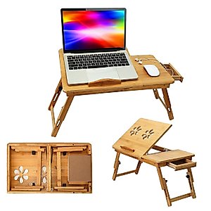 MEZHI Portable Laptop Desk Foldable Lap Bed Tray Adjustable Table Stand Bamboo Desk