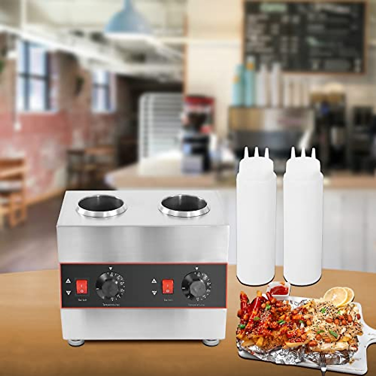 Electric Sauce Warmer Dispenser, Countertop Stainless Steel Sauce Heat Preservation Machine 320W Chocolate Sauce Warmer with Squeeze Bottle, Hot Fudge Nacho Cheese Ketchup Warmer for Commercial