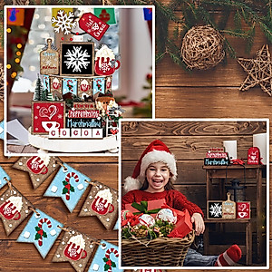 FairySandy 14 Pcs Christmas Tiered Tray Decor Set Christmas Wooden Sign Decor Rustic Farmhouse Snowfake Coffee Spice Blocks Winter Table Sign for Christmas Halloween