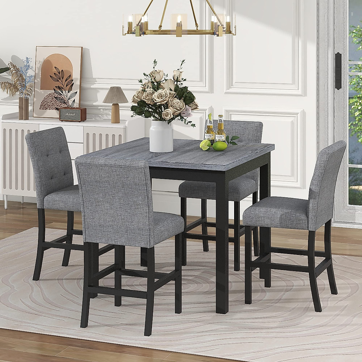 Merax 5 Piece Counter Height Dining Table Set for 4,Farmhouse Wood Kitchen Table Set,Rectangle Dining Table with 4 Upholstered Dining Chairs for Kitchen Apartment,Black