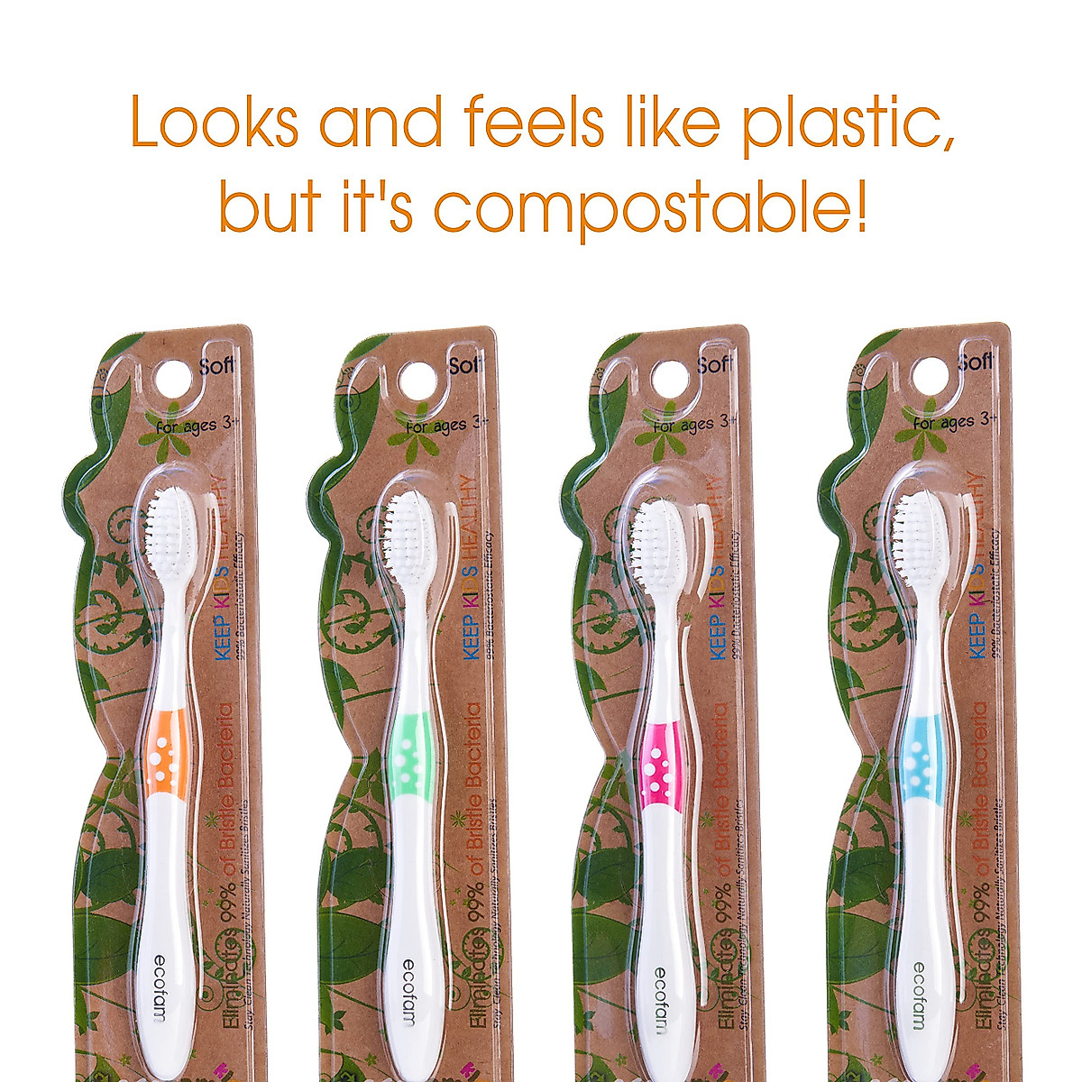 EcoFam by Focus Nutrition Earth Friendly Kids Toothbrushes - Silver Infused Soft Bristle Toothbrush (4 Pack)