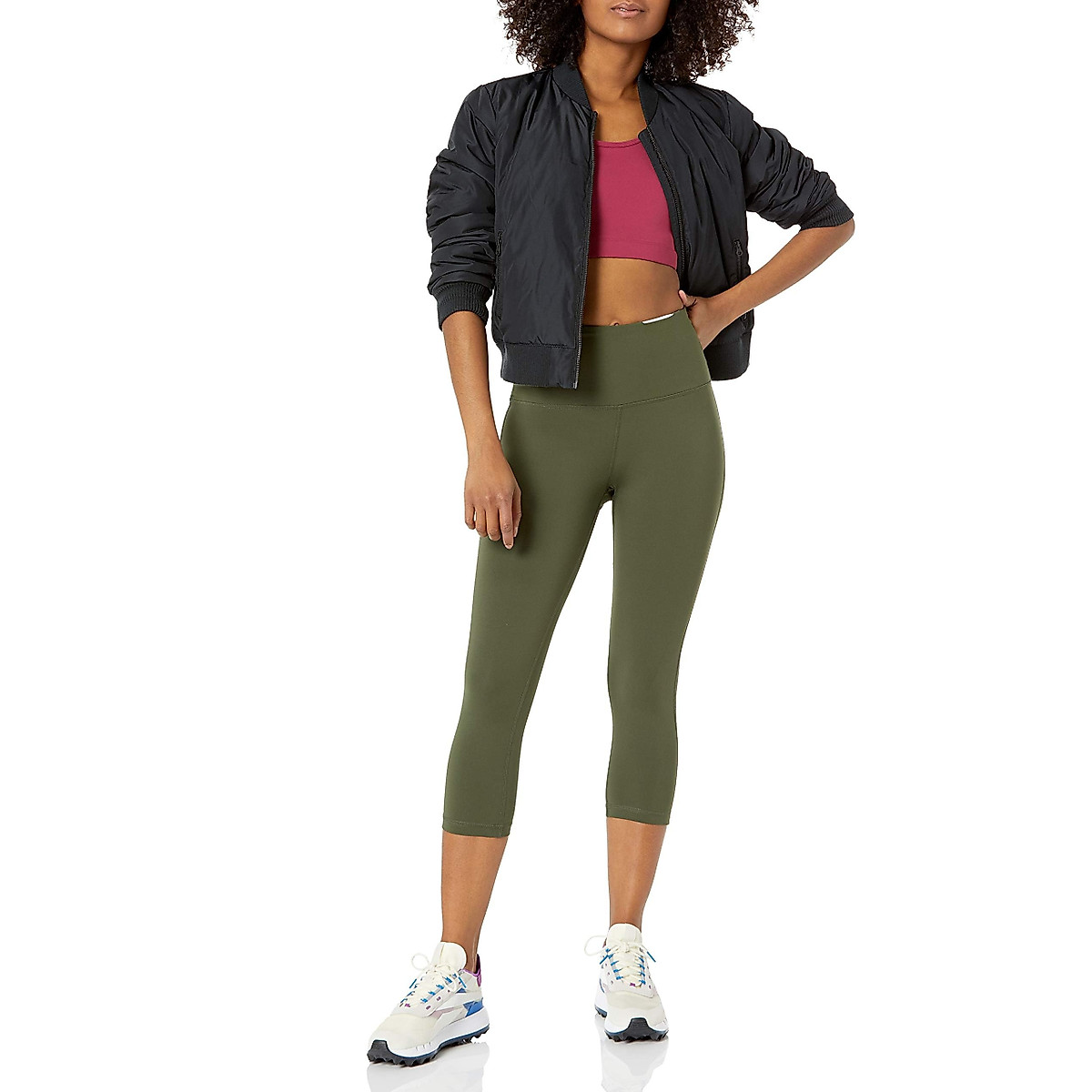 Amazon Essentials Women's Active Sculpt Workout Athleisure High Rise Capri Leggings (Available in Plus Size), Olive, Medium
