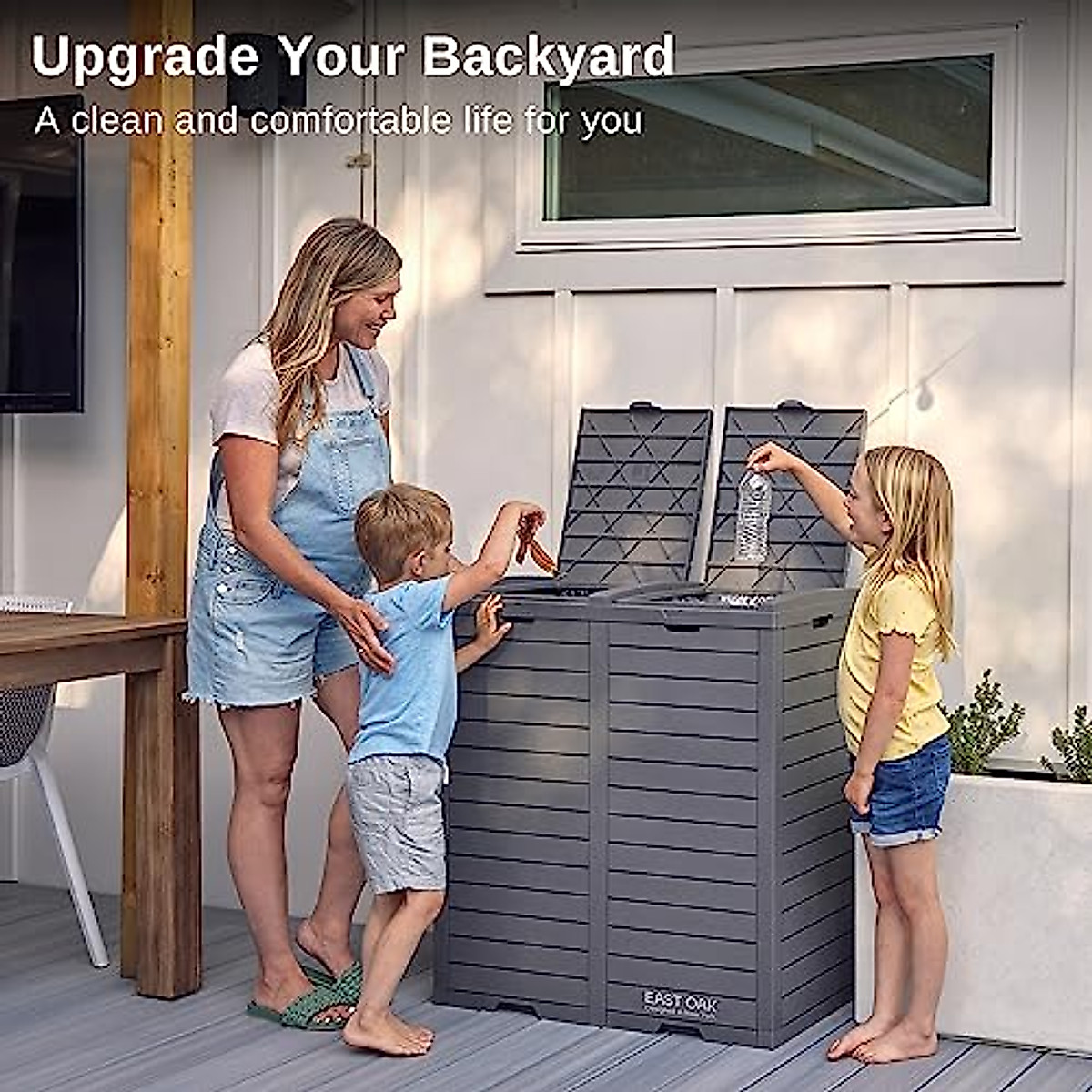 EAST OAK 76 Gallon Outdoor Trash Can | Waterproof Resin Garbage Can with Tiered Lid & Drip Tray | Outside Trash Bin for Patio | Kitchen, Backyard & Deck | Gray Color