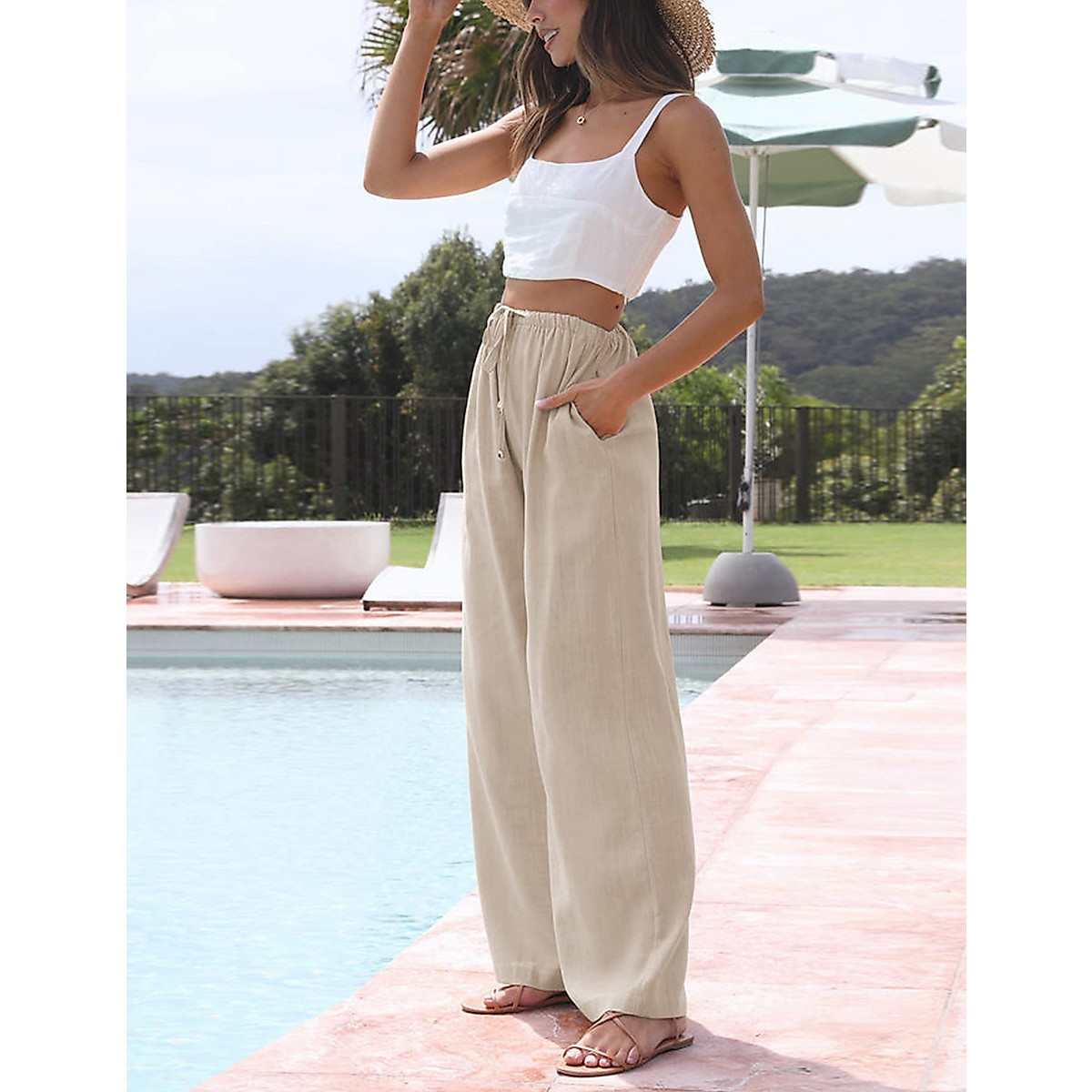 SCUSTY Women's Summer Cotton Linen Wide Leg Pants Drawstring High Waist Palazzo Flowy Beach Trousers with Pockets(Khaki-XL)