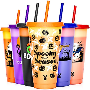 Meoky Halloween Decorations, Plastic Cups with Lids and Straws - 6 Pack 24 oz Color Changing Cups, Reusable Tumblers Bulk for Party, Women