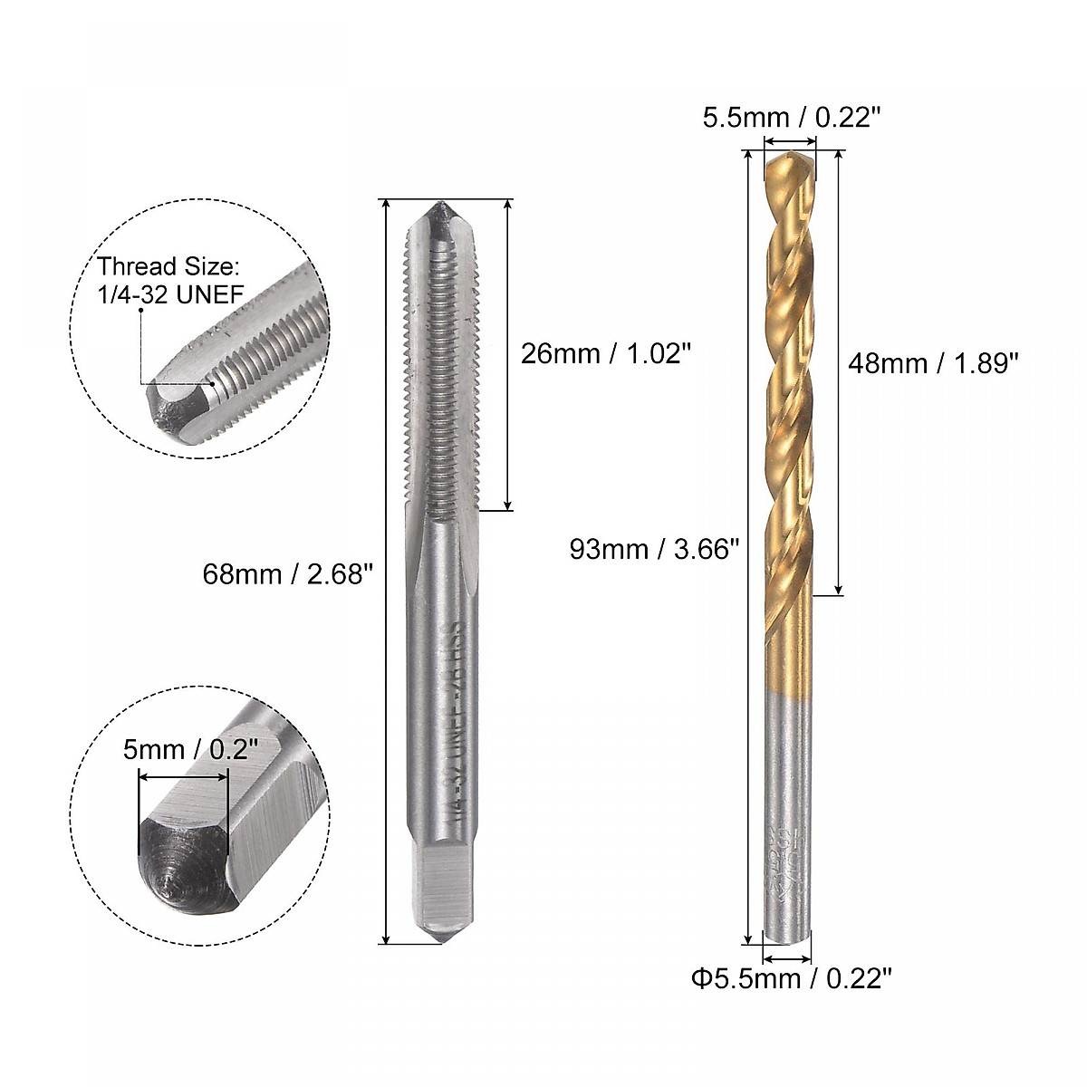 uxcell 1/4-32 UNEF Straight Flute Thread Tap and 5.5mm Twist Drill Bit Set, Titanium Plated 6542 High Speed Steel Drilling Bit Machine Threading Tap