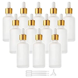 12 Pack Set Glass Dropper Bottles With Golden Caps Frosted Glass Vials Essential Oil Sample Bottles With Glass Eye Dropper Free Dropper&Funnel (50ml/1.7oz)