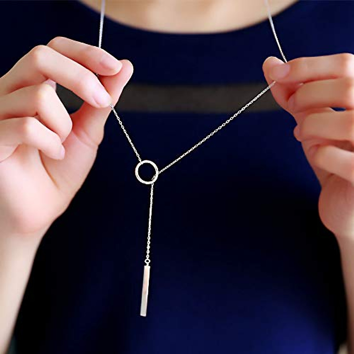 925 Sterling Silver Round Stick Cross Bar Lariat Y Pendant Necklace Long Tassel Sweater Chain for Women Gift (Sterling Silver)